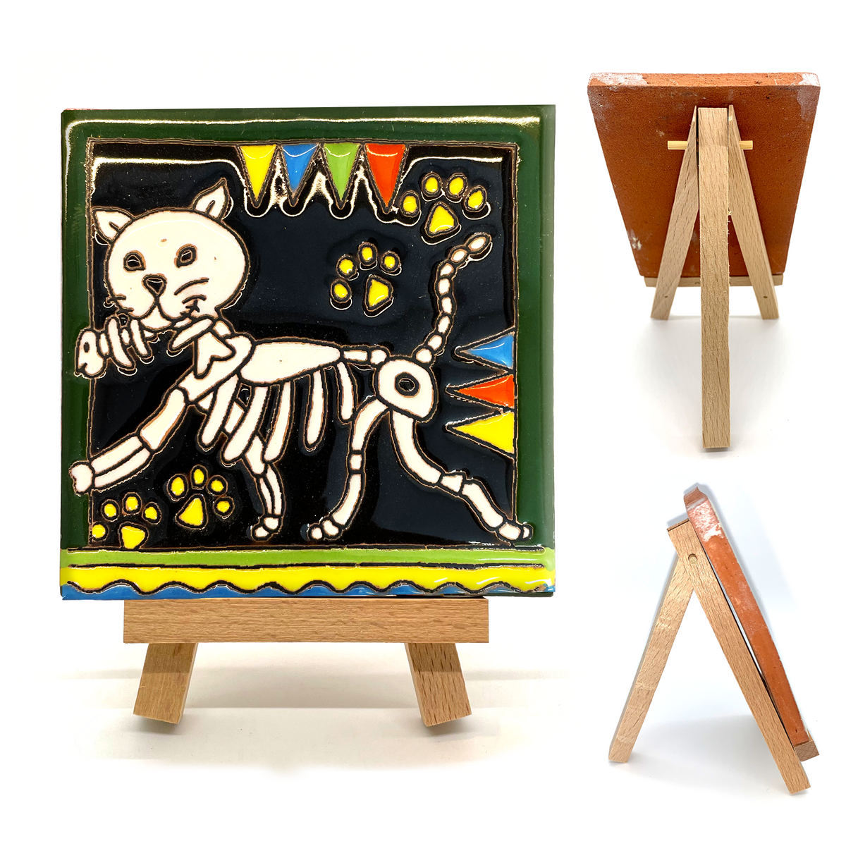 Mexican Handmade Clay Tile and Stand - Gato, Cat Feliz – Muertolandia.com